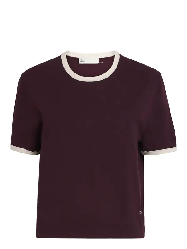 Tory Burch Contrast-trim Short-sleeve Sweater - Burgundy