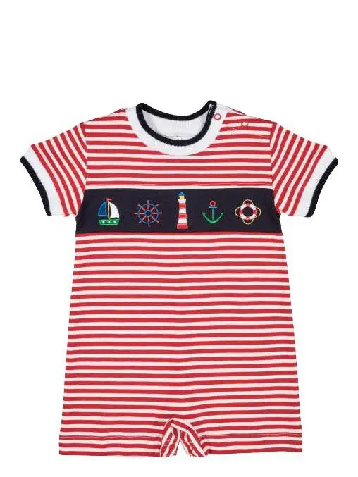 FLORENCE EISEMAN Stripe Knit Shortall With Nautical Appliqu - Red/white