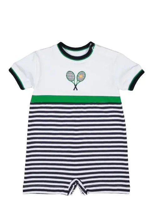 FLORENCE EISEMAN Stripe Knit Shortall With Embroidered Tennis Rackets - Navy/white