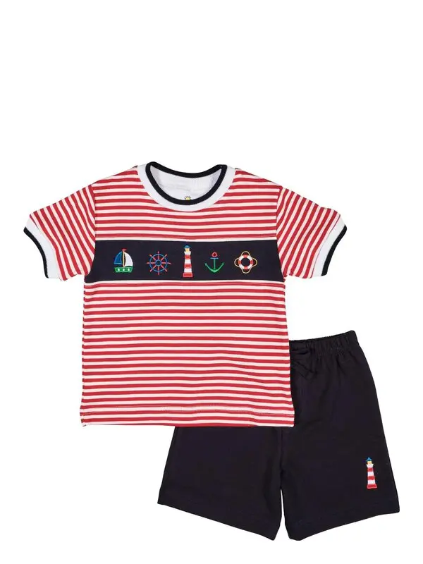 FLORENCE EISEMAN Knit Short Set With Nautical Appliqu - Red/navy