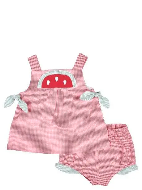 FLORENCE EISEMAN Seersucker Dress & Bloomer Set With Watermelon Appliqu - Red/white