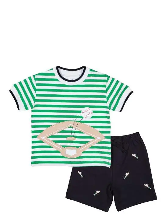 FLORENCE EISEMAN Knit Short Set With Baseball Field Appliqu - Green/navy