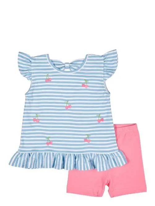FLORENCE EISEMAN Knit Short Set With Embroidered Heart Cherries - Blu/white/pnk