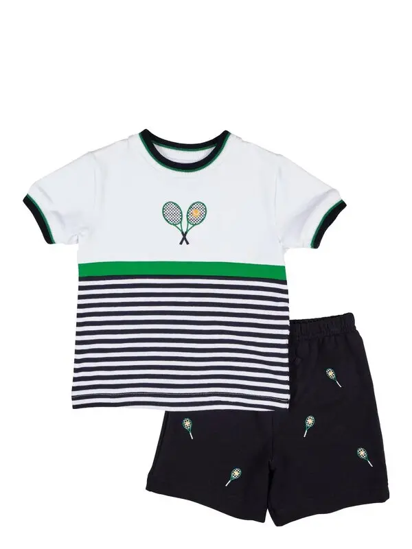 FLORENCE EISEMAN Knit Short Set With Embroidered Tennis Rackets - Navy/white