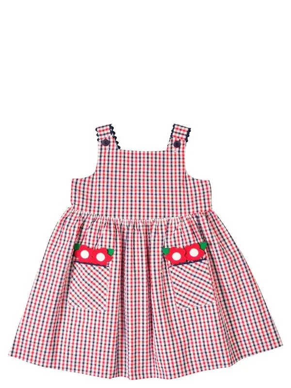 FLORENCE EISEMAN Plaid Seersucker Dress With Floral Appliqu - Navy/white/red