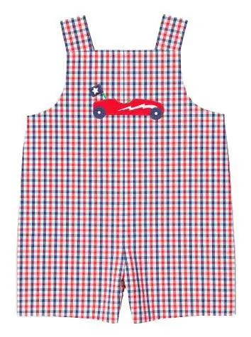 FLORENCE EISEMAN Plaid Seersucker Shortall With Appliqué Derby Car - Navy/white/red