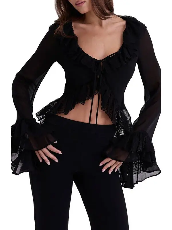 House Of Cb Goya Ruffle Lace Trim Top - Black
