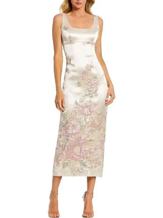 Mac Duggal Slim Strap Scoop Neck Bustier Brocade Midi Dress - Champagne Multi