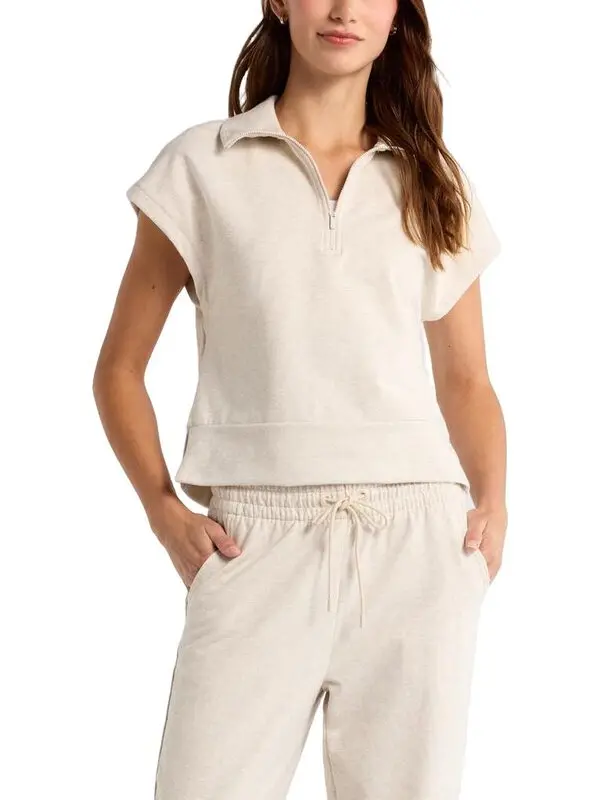 Zella Tempo Terry Half-zip Short-sleeve Sweatshirt - Ivory Birch Oatmeal Heather