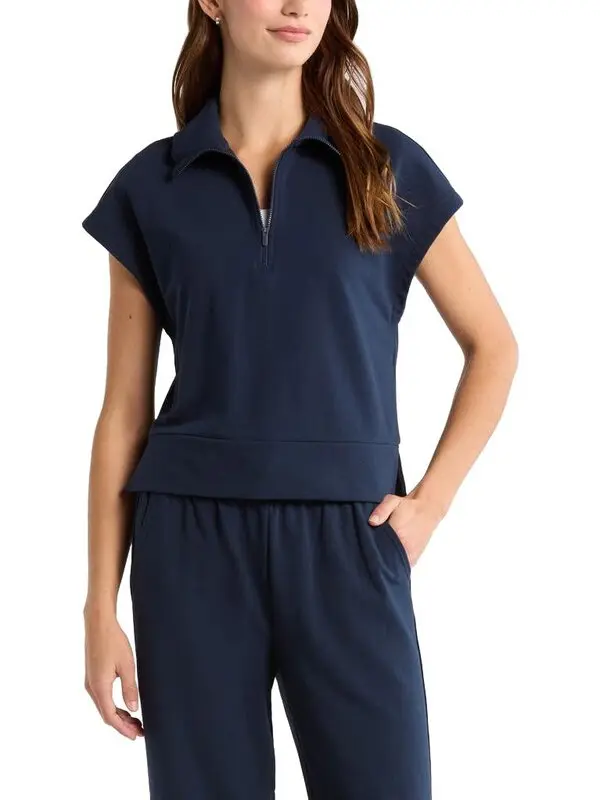 Zella Tempo Terry Half-zip Short-sleeve Sweatshirt - Navy Sapphire