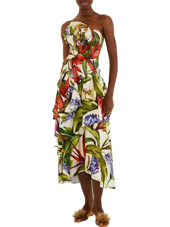 Farm Rio Florart Strapless High-low Cotton Dress - Sand