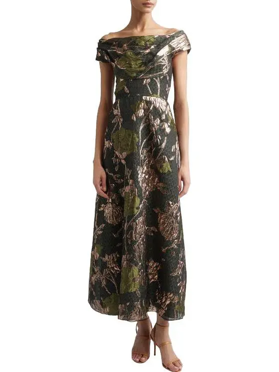 Lela Rose Floral Draped Metallic Fil Coupé Fit & Flare Gown - Cactus Multi