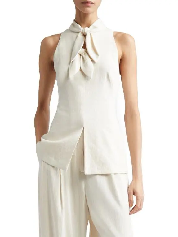 Lela Rose Linen-blend Sleeveless Top With Bow Embellishments - Bone