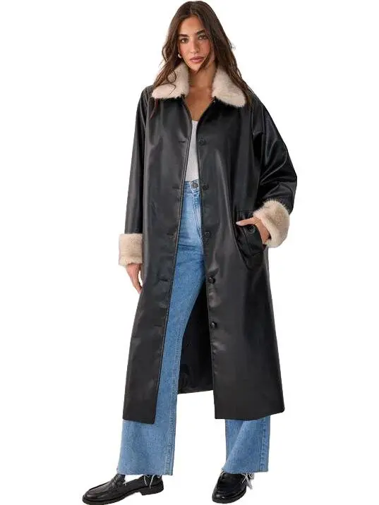 Nasty Gal Faux Leather Longline Fur Trimmed Coat - Black
