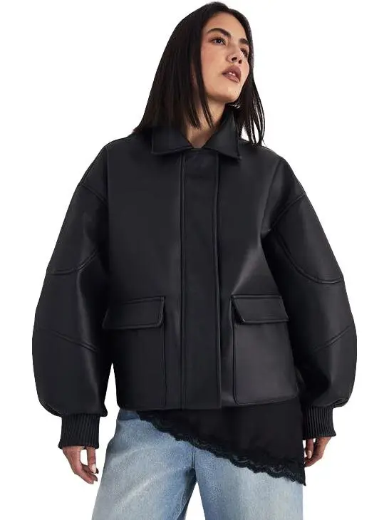 Nasty Gal Longline Faux Leather Bomber Jacket - Black
