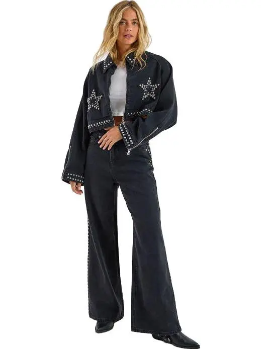 Nasty Gal Star Studded Baggy Denim Jeans - Washed Black