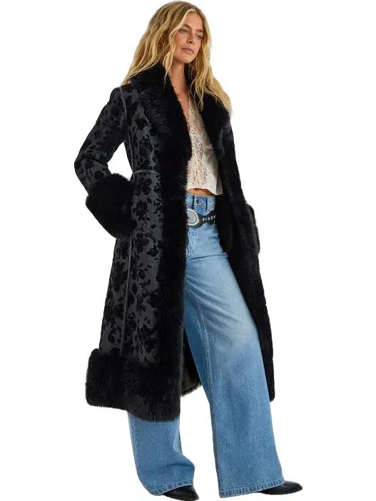 Nasty Gal Floral Jacquard Faux Fur Maxi Coat - Black