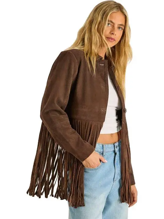 Nasty Gal Real Suede Fringe Jacket - Chocolate