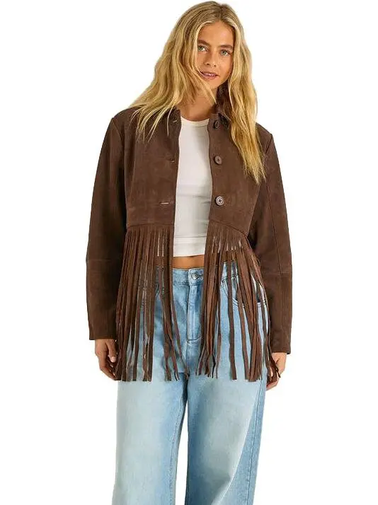 Nasty Gal Real Suede Fringe Jacket - Chocolate