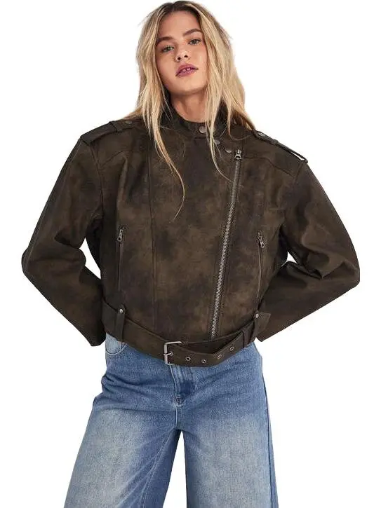 Nasty Gal Cropped Faux Leather Biker Jacket - Olive