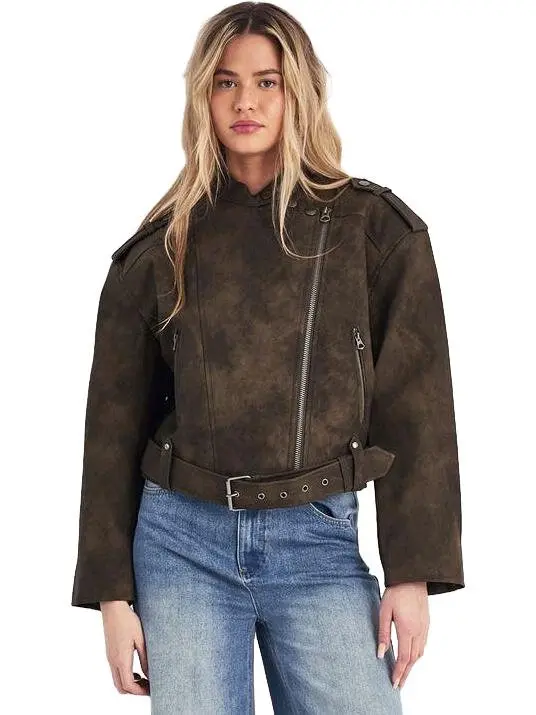 Nasty Gal Cropped Biker Jacket - Olive