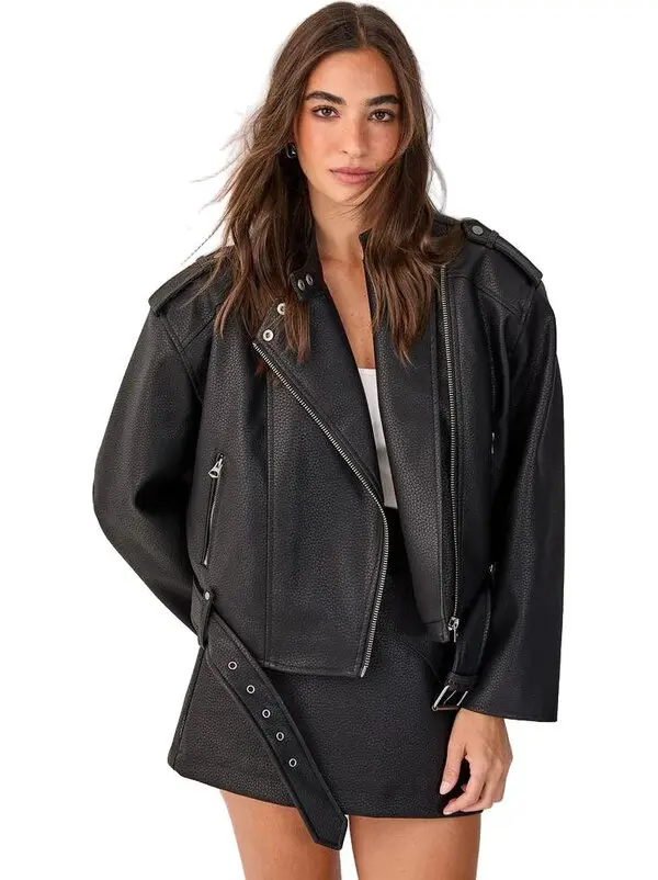 Nasty Gal Belted Faux Leather Biker Jacket - Black