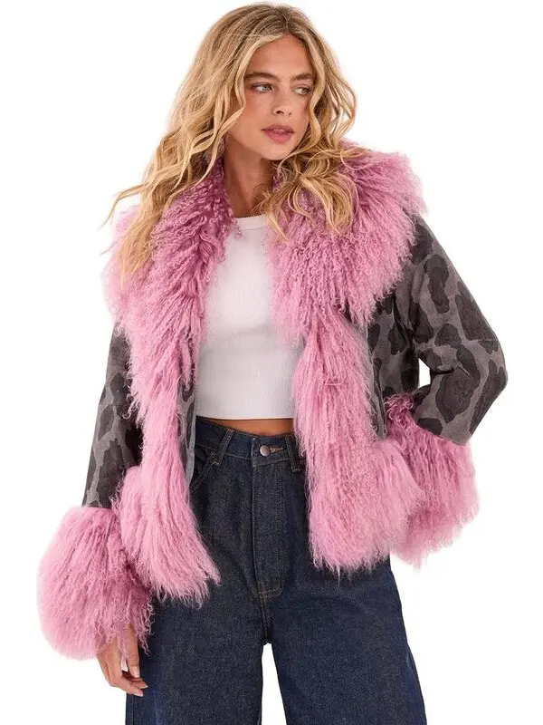 Nasty Gal Printed Shearling Leather Jacket - Charcoal