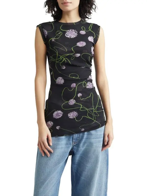 Stella McCartney Twisted Floral Mesh Top - Black Multi