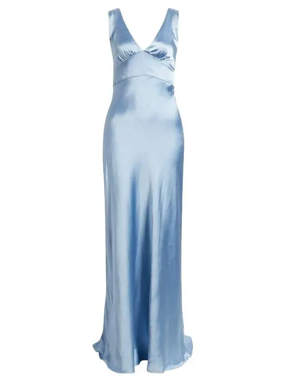 Princess Polly Birdette Deep V-neck Satin Gown - Blue