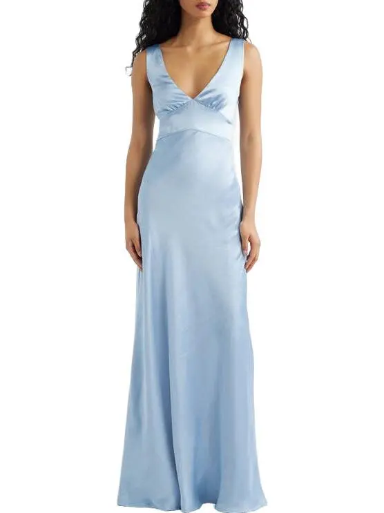 Princess Polly Birdette Deep V-neck Satin Gown - Blue