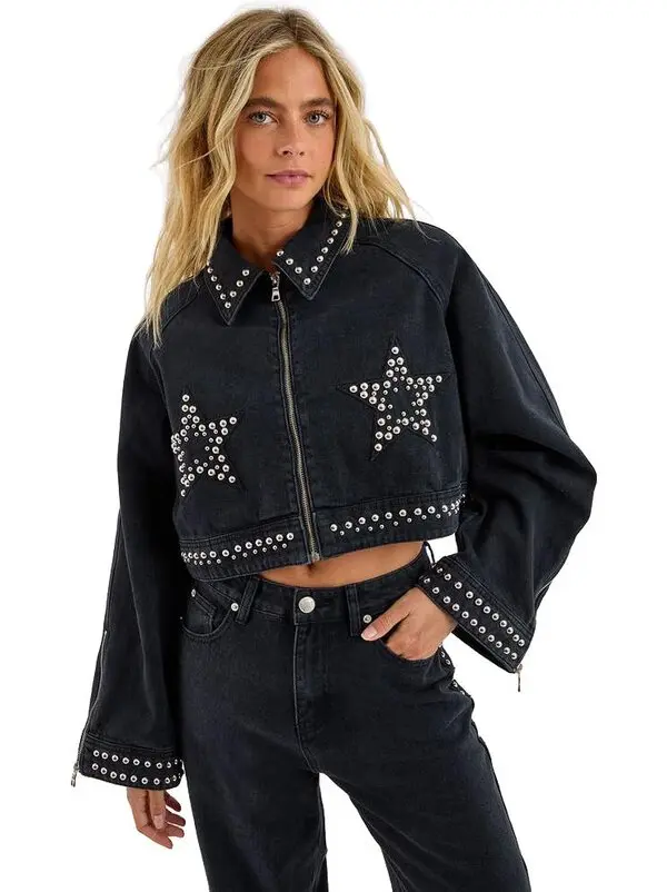 Nasty Gal Studded Denim Jacket - Washed Black