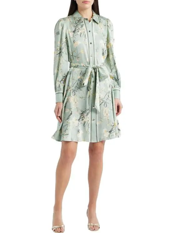 Anne Klein Long Sleeve Floral Print Shirtdress - Soft Aloe Multi