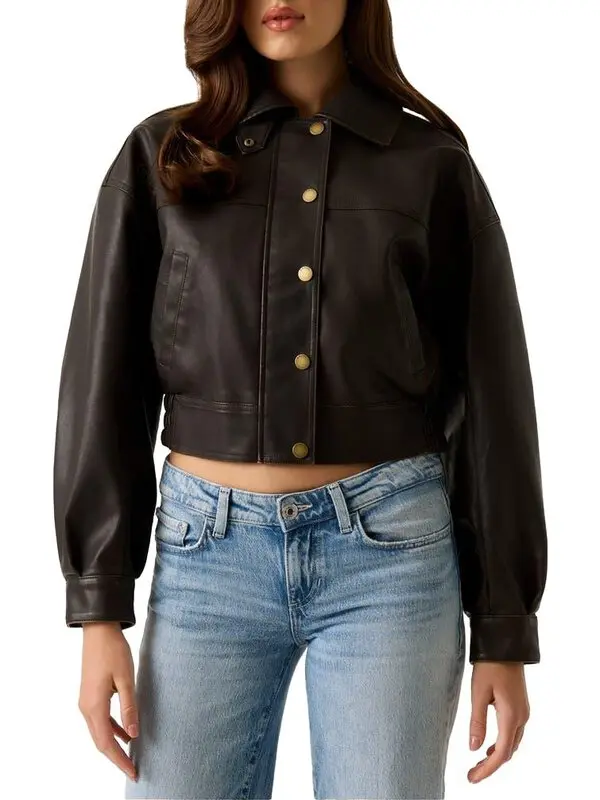 Guess Clelia Cropped Faux Leather Jacket - Chocolate Brownie Multi