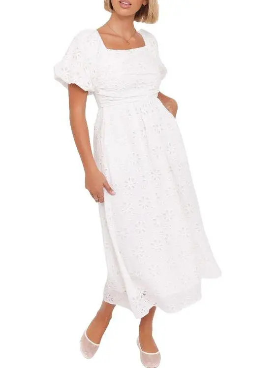 PETAL & PUP Floral Eyelet Puff Sleeve Cotton Midi Dress - White Broderie
