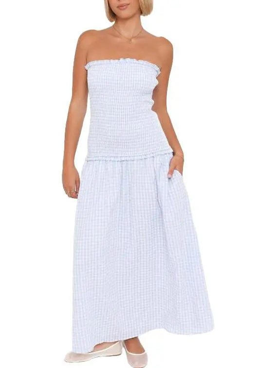 PETAL & PUP Gingham Smocked Strapless Maxi Dress - Blue Gingham