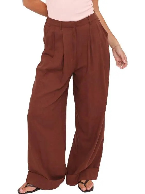 PETAL & PUP Elinor Cuffed Pleated Wide Leg Pants - Brown