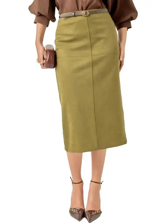 English Factory Faux Suede Midi Skirt - Olive