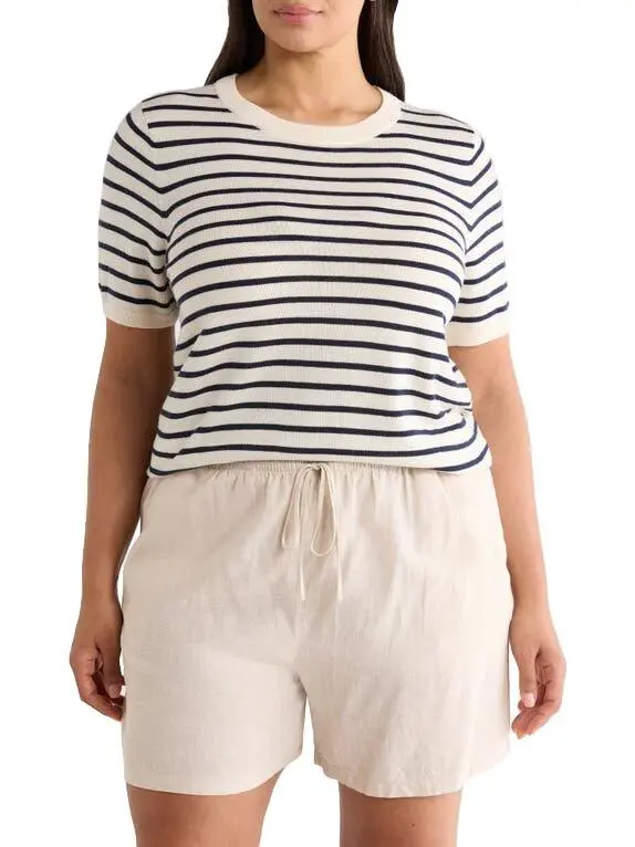 Caslon Short Sleeve Merino Wool Blend Sweater - Ivory- Navy Josephine Stripe