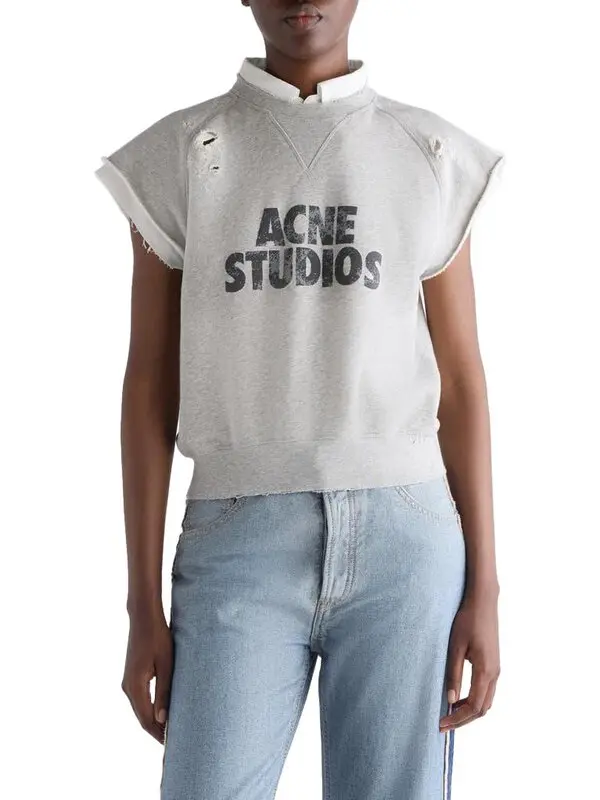 Acne Studios Mixed Media Distressed Logo Graphic Sweatshirt - Grey Melange
