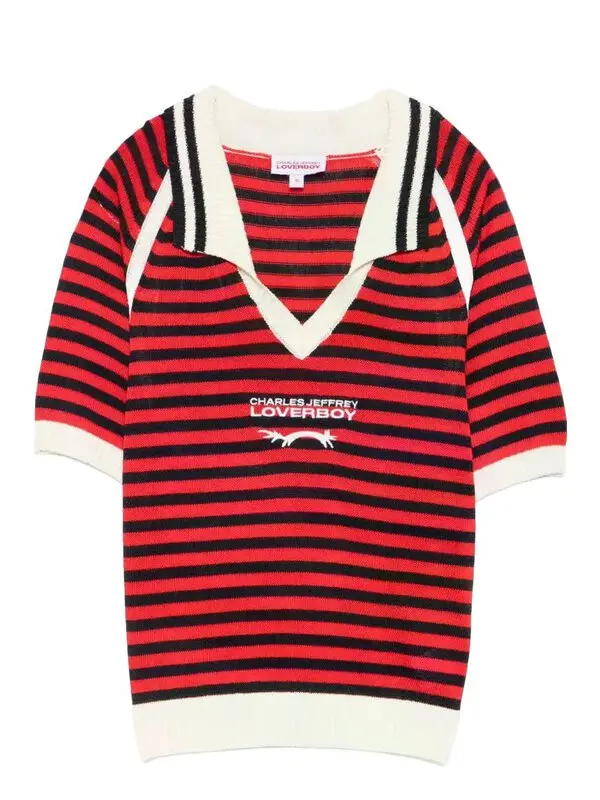 CHARLES JEFFREY Striped Polo-collar T-shirt - Red & Navy Stripe
