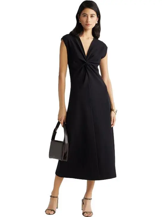 Nordstrom Twist Front Cap Sleeve Midi Dress - Black