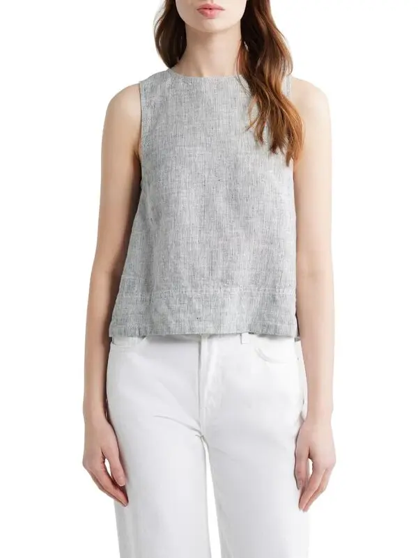 Madewell Pleated Linen Shell Top - Black White Mini Stripe