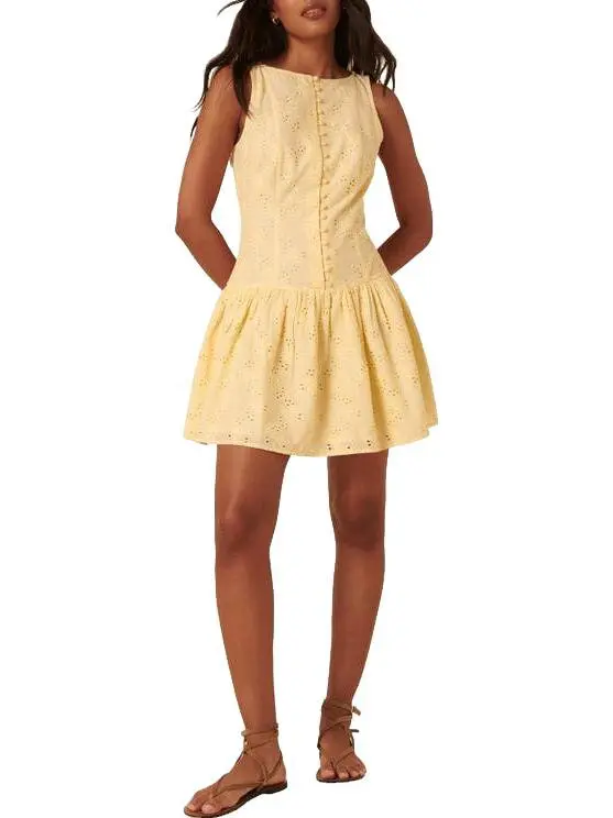 NOBODY'S CHILD Claudia Drop Waist Organic Cotton Broderie Anglaise Mini Dress - Yellow