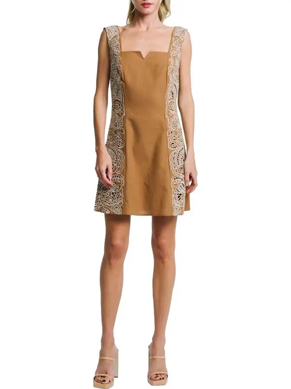 CIEBON Eviana Embroidered Detail Cotton Minidress - Brown/cream
