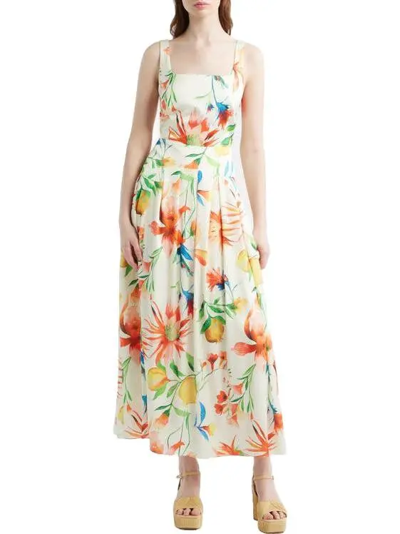 CIEBON Floral Print Smocked Midi Dress - Cream/tangerine Multi