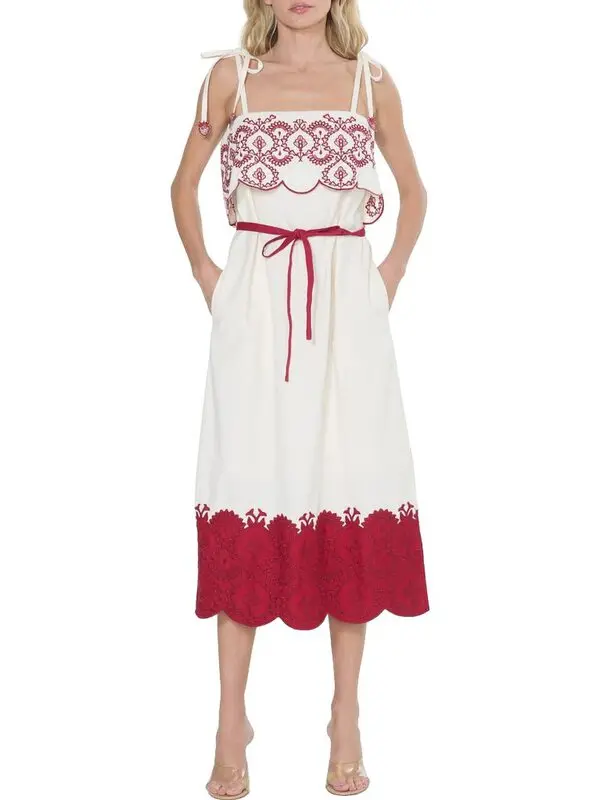 CIEBON Nina Embroidered Scallop Sundress - White Multi