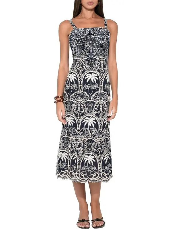 Adelyn Rae Evangeline Embroidered Cotton Midi Dress With Scalloped Hem - Navy/ivory