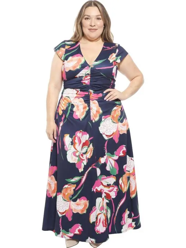 24SEVEN COMFORT APPAREL Floral V-neck Maxi Length Dress - Navy Multi