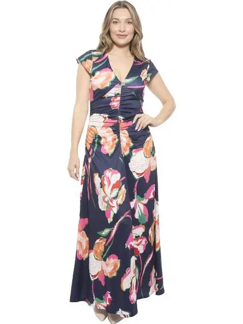 24SEVEN COMFORT APPAREL Floral V-neck Maxi Dress - Navy Multi