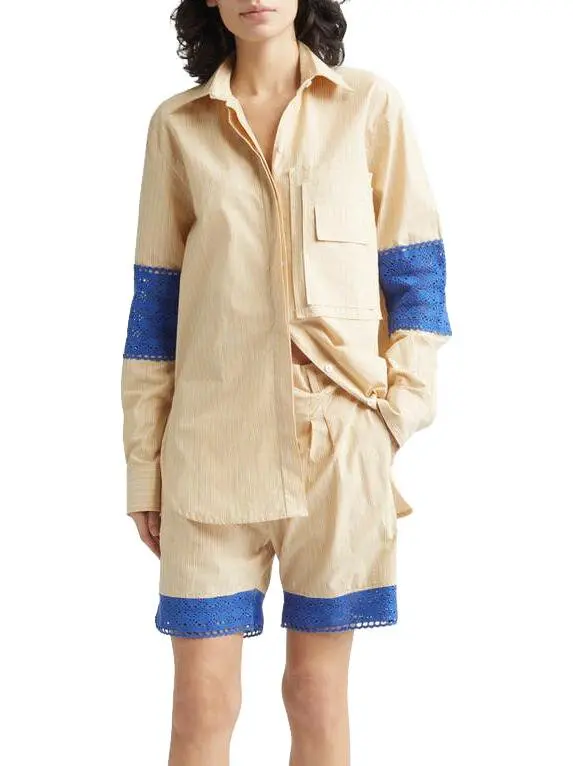 KÚR Oversized Striped Organic Cotton Button-up Shirt With Crochet Panels - Beige